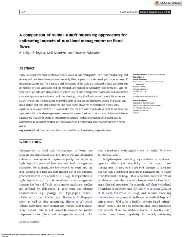 (PDF) A comparison of rainfall-runoff modelling approaches for estimating impacts of rural land ...