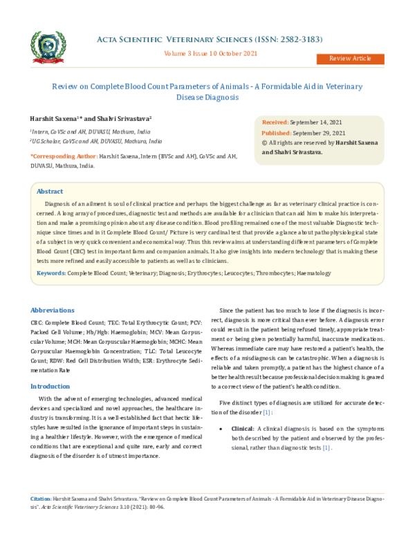(PDF) Review on Complete Blood Count Parameters of Animals - A ...