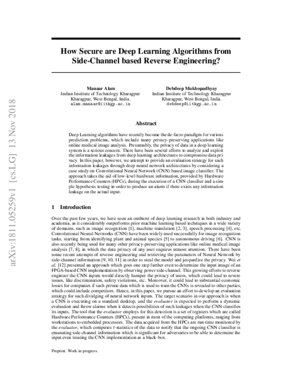 (PDF) How Secure are Deep Learning Algorithms from Side-Channel based Reverse Engineering?