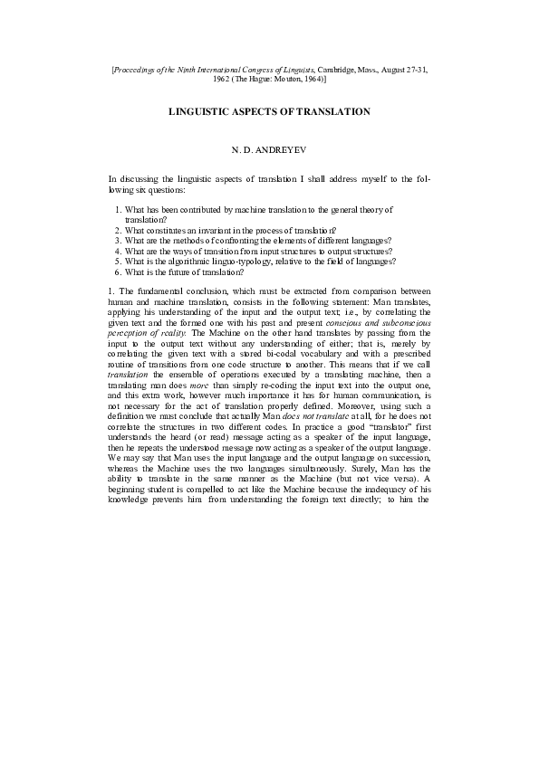 (PDF) On Linguistic Aspects of Translation