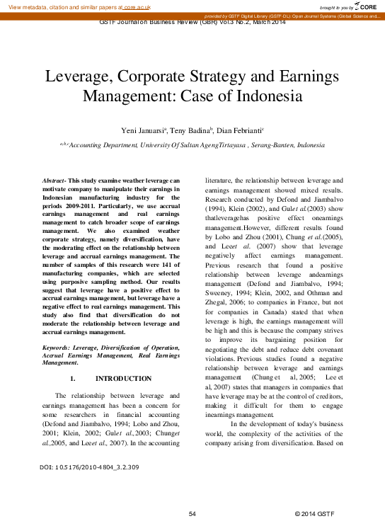 (PDF) Leverage, Corporate Strategy and Earnings Management: Case of Indonesia