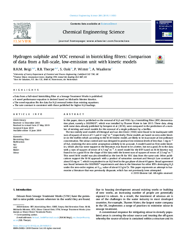 (PDF) Hydrogen sulphide and VOC removal in biotrickling filters: Comparison of data from a full ...