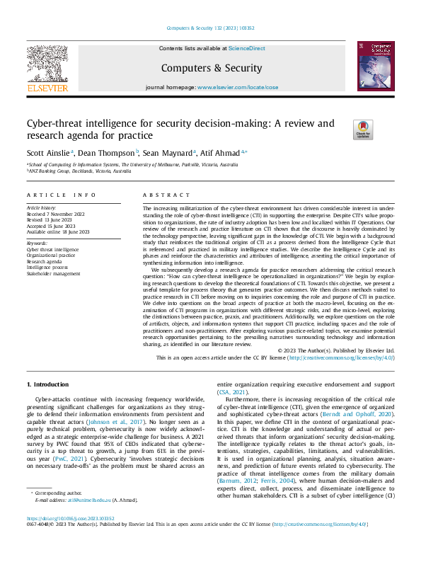 (PDF) Cyber-threat intelligence for security decision making: A review and research agenda for ...