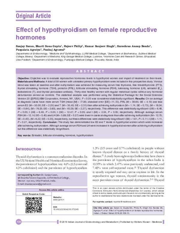 (PDF) Effect of hypothyroidism on female reproductive hormones