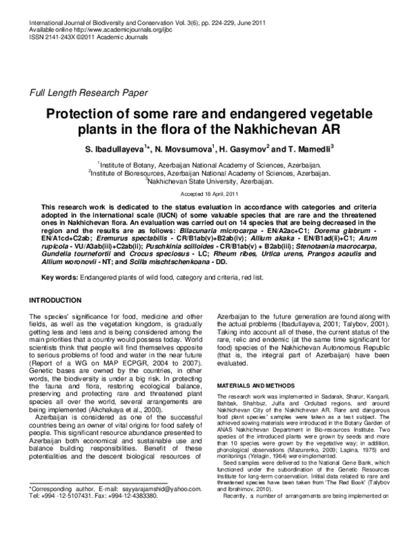 (PDF) Protection of some rare and endangered vegetable plants in the ...