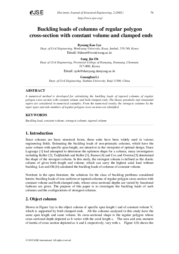 (PDF) Buckling loads of columns of regular polygon cross-section with constant volume and ...