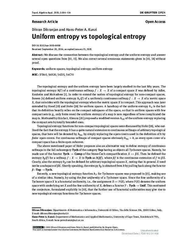 (PDF) Uniform entropy vs topological entropy