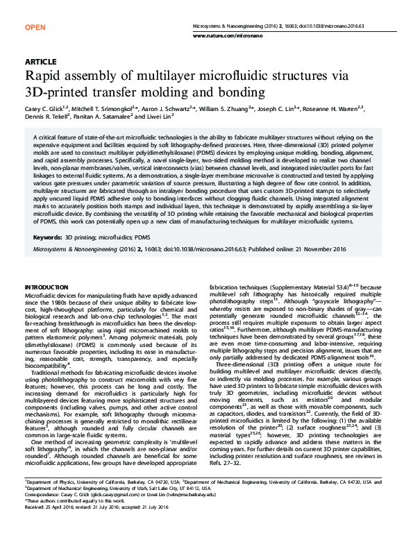 (PDF) Rapid assembly of multilayer microfluidic structures via 3D-printed transfer molding and ...
