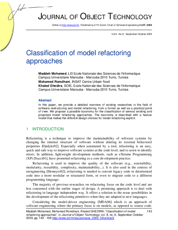 (PDF) Classification of model refactoring approaches
