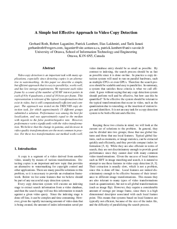 (PDF) A Simple but Effective Approach to Video Copy Detection