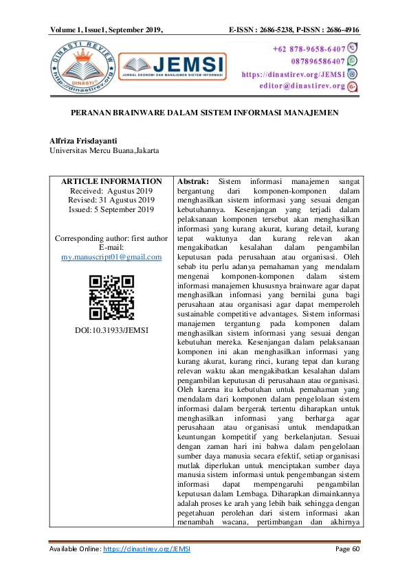 (PDF) Peranan Brainware Dalam Sistem Informasi Manajemen | Wira Lubis - Academia.edu