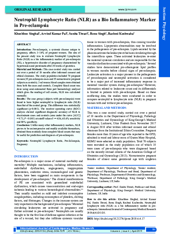 (PDF) Neutrophil Lymphocyte Ratio (NLR) as a Bio Inflammatory Marker in ...