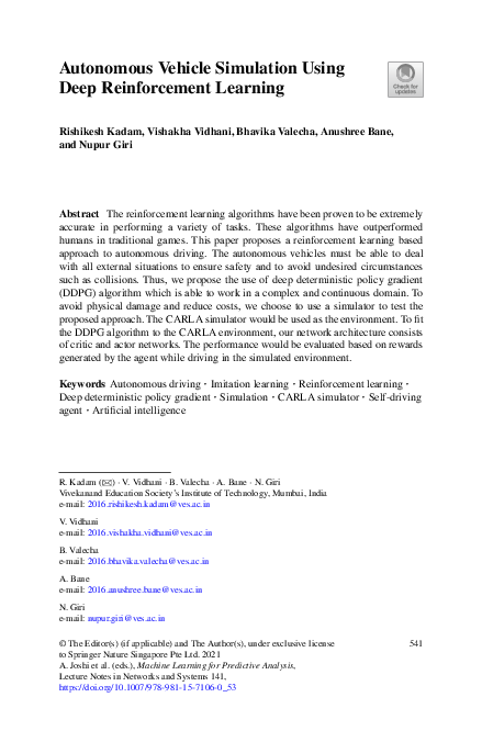 Pdf Autonomous Vehicle Simulation Using Deep Reinforcement Learning Nupur Giri