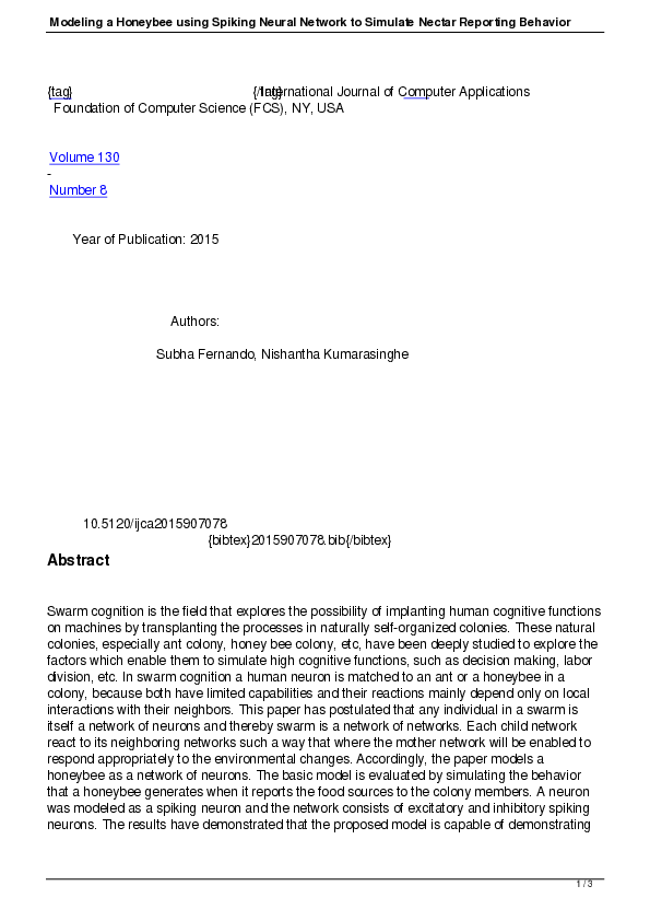 Pdf Modeling A Honeybee Using Spiking Neural Network To Simulate Nectar Reporting Behavior