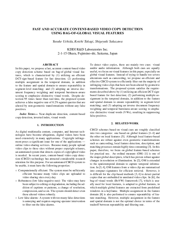 Pdf Fast And Accurate Content Based Video Copy Detection Using Bag Of Global Visual Features