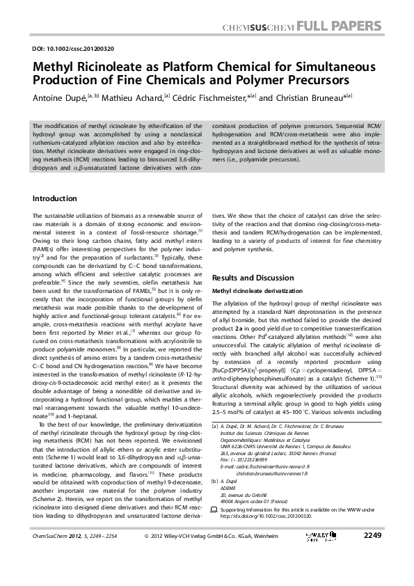 (PDF) Methyl Ricinoleate as Platform Chemical for Simultaneous ...
