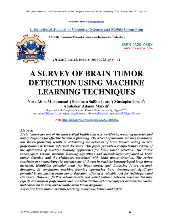 Pdf A Survey Of Brain Tumor Detection Using Machine Learning Techniques