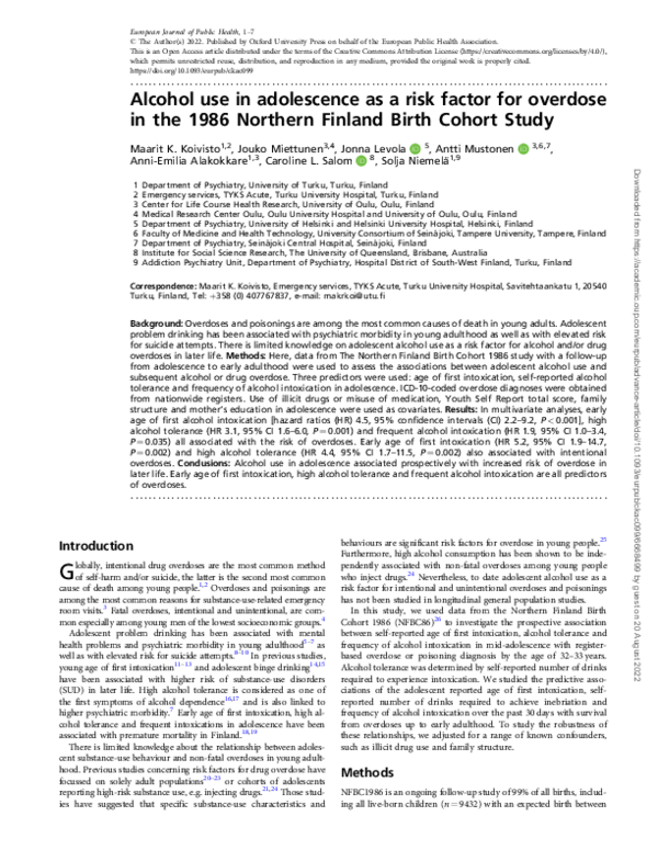 (PDF) Alcohol use in adolescence as a risk factor for overdose in the ...