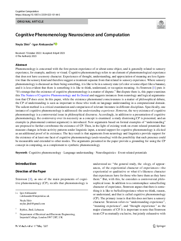 (PDF) Cognitive Phenomenology Neuroscience and Computation