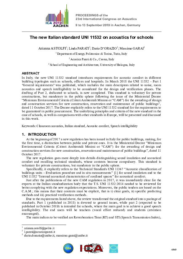 (PDF) The New Italian standard UNI 11532 on acoustics for schools | Massimo Garai - Academia.edu