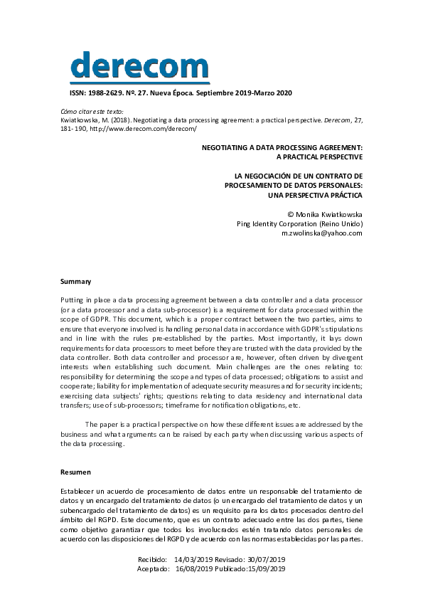 (PDF) Negotiating a data processing agreement:: a practical perspective