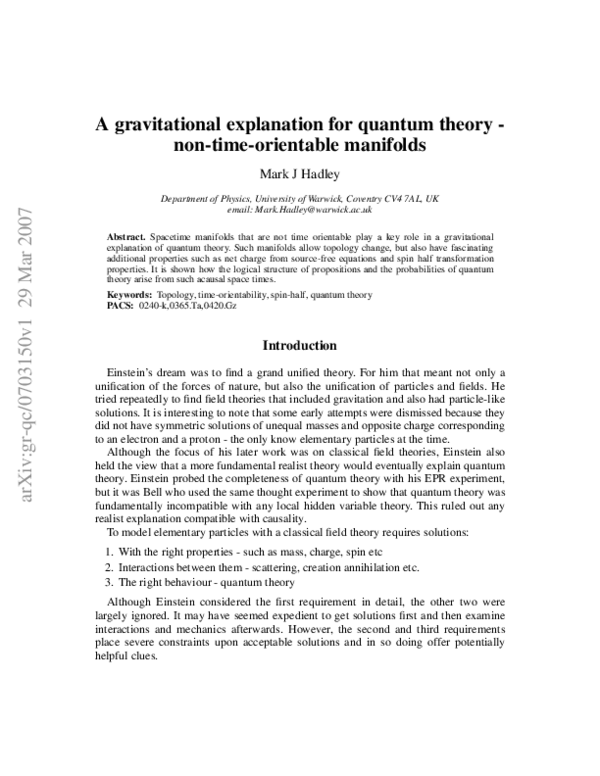 (PDF) A gravitational explanation for quantum theory — non-time ...