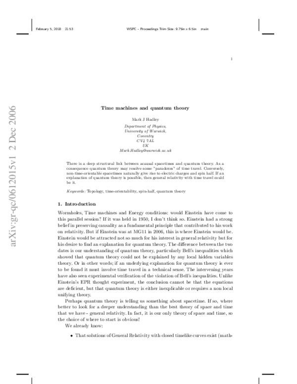 (PDF) Time Machines and Quantum Theory | Mark Hadley - Academia.edu