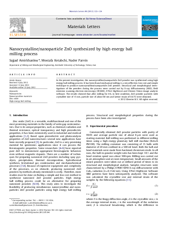 (PDF) Nanocrystalline/nanoparticle ZnO synthesized by high energy ball ...