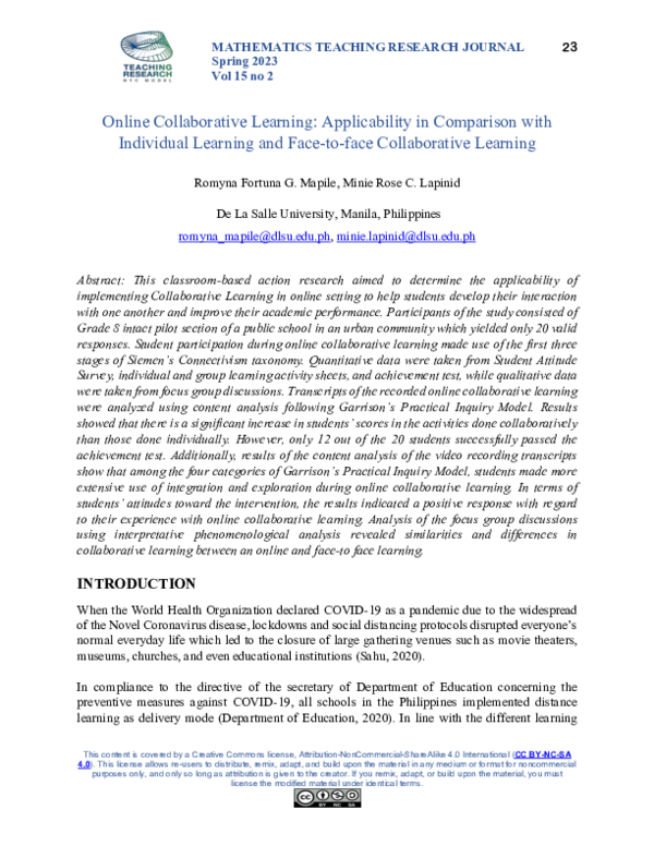 (PDF) Online Collaborative Learning: Applicability in Comparison with Individual Learning and ...