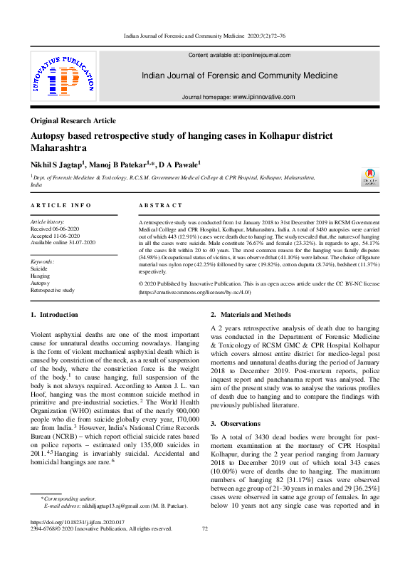 (PDF) Autopsy based retrospective study of hanging cases in Kolhapur ...