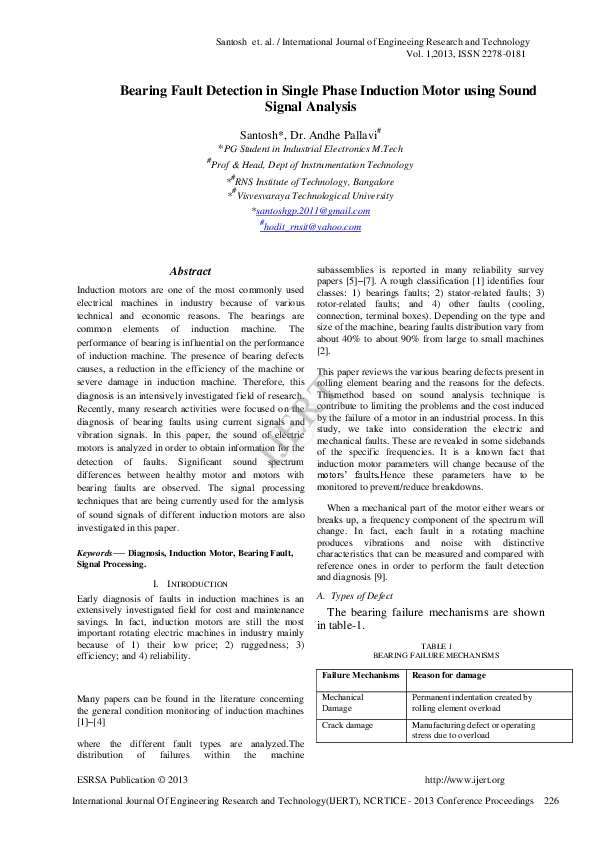 Pdf Bearing Fault Detection In Single Phase Induction Motor Using Sound Signal Analysis 5770