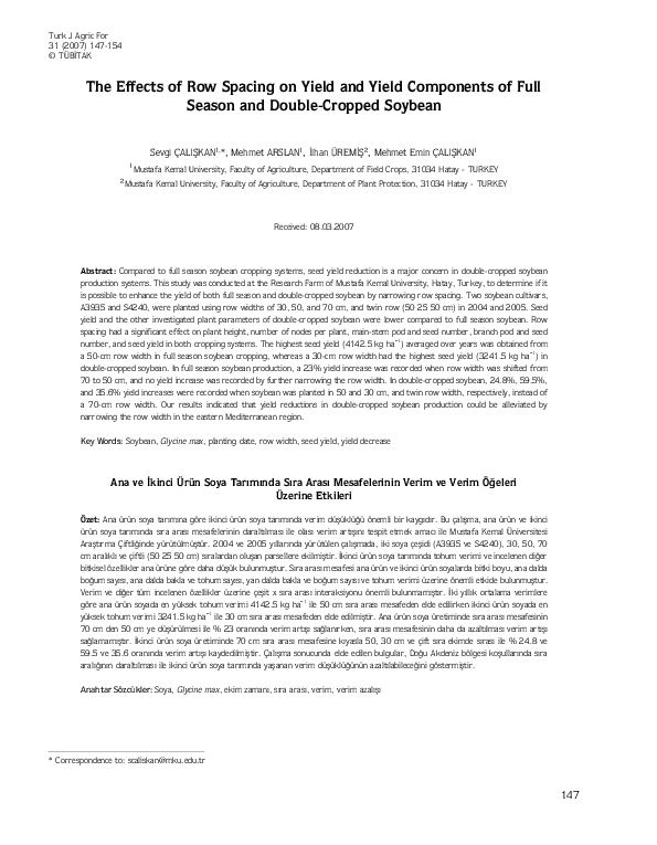 (PDF) The effects of row spacing on yield and yield components of full season and double-cropped ...