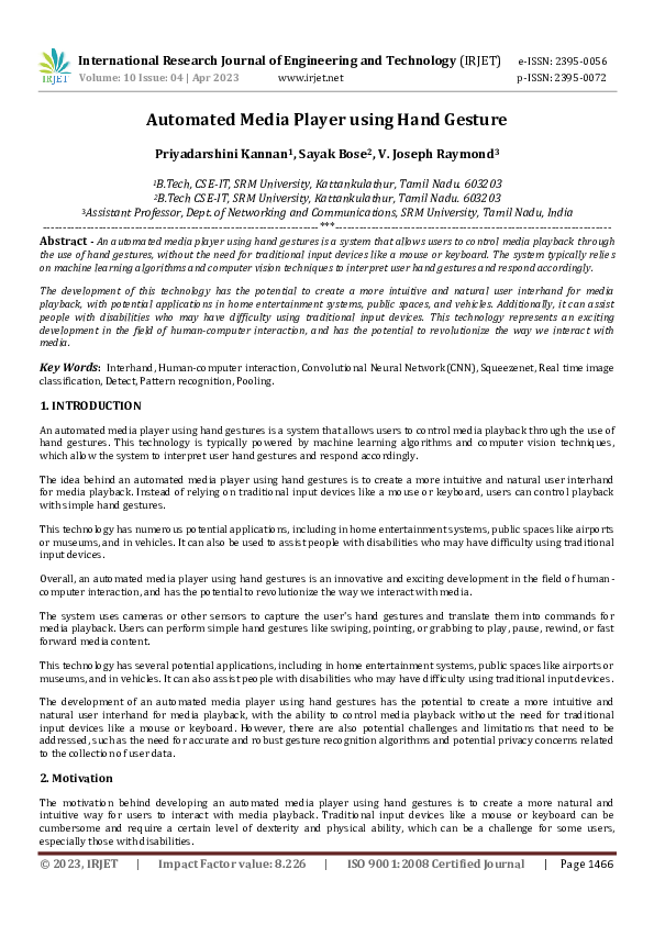 (PDF) Automated Media Player using Hand Gesture