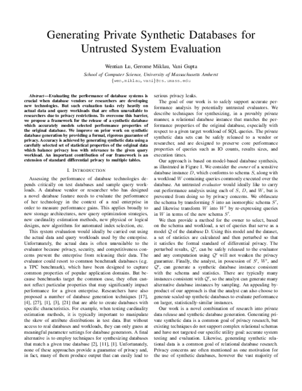 Pdf Generating Private Synthetic Databases For Untrusted System Evaluation 