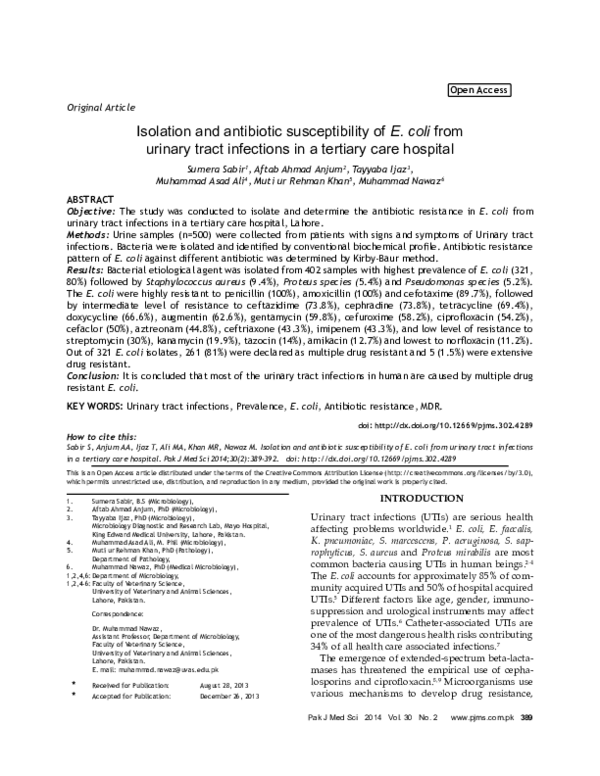 (PDF) Isolation and antibiotic susceptibility of E. coli from urinary ...
