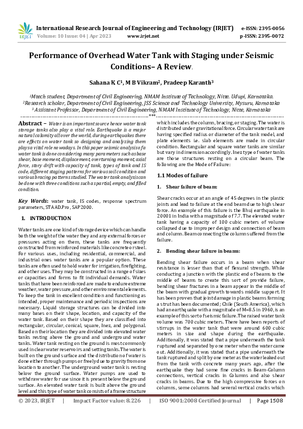 (PDF) Performance of Overhead Water Tank with Staging under Seismic ...