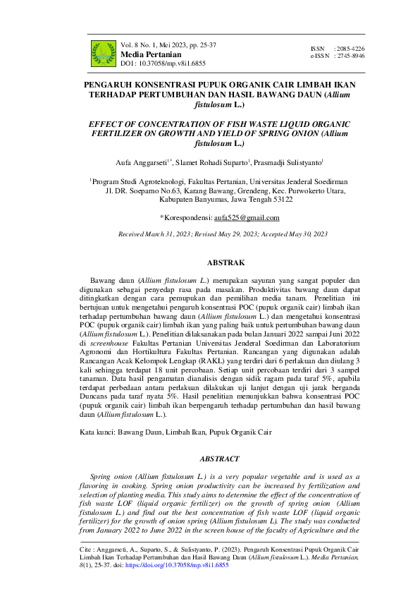 (PDF) Pengaruh Konsentrasi Pupuk Organik Cair Limbah Ikan Terhadap Pertumbuhan dan Hasil Bawang ...