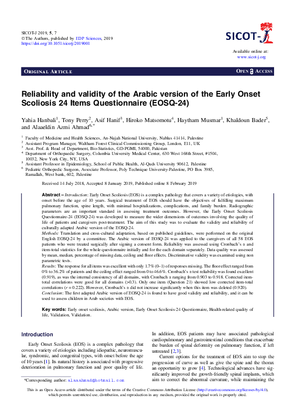 (PDF) Reliability and validity of the Arabic version of the Early Onset Scoliosis 24 Items ...