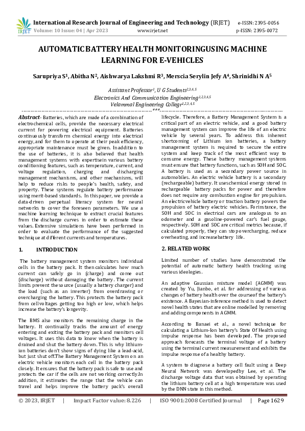 (PDF) AUTOMATIC BATTERY HEALTH MONITORING USING MACHINE LEARNING FOR E-VEHICLES