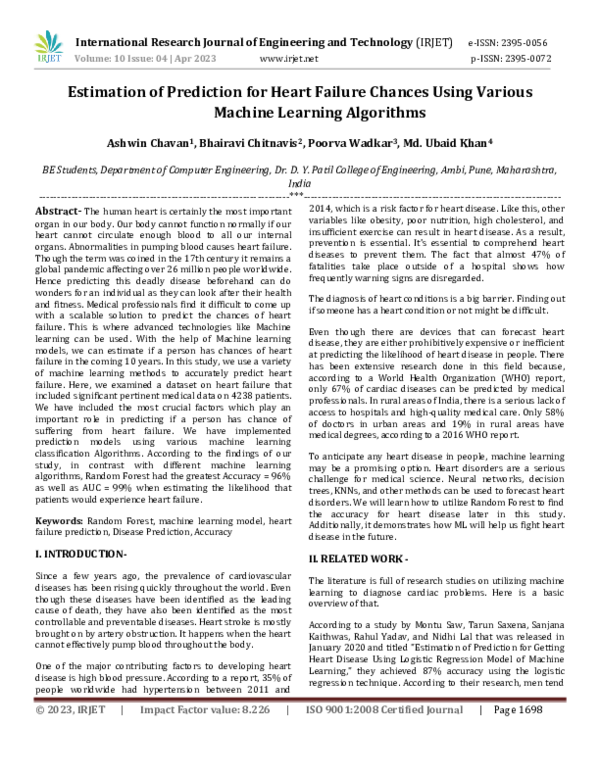 (PDF) Estimation of Prediction for Heart Failure Chances Using Various Machine Learning Algorithms