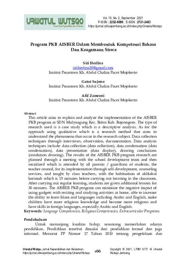 (PDF) Program PKB AISBER Dalam Membentuk Kompetensi Bahasa Dan Keagamaan Siswa