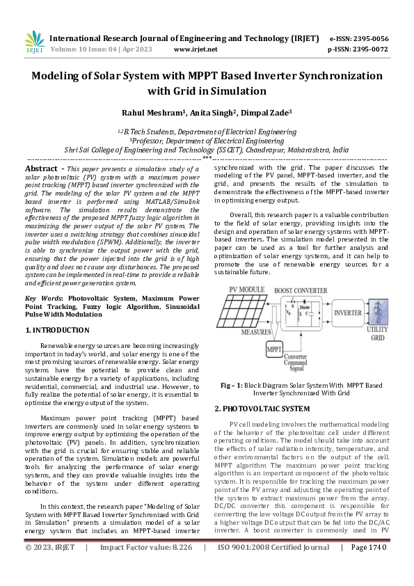 Pdf Modeling Of Solar System With Mppt Based Inverter Synchronization With Grid In Simulation