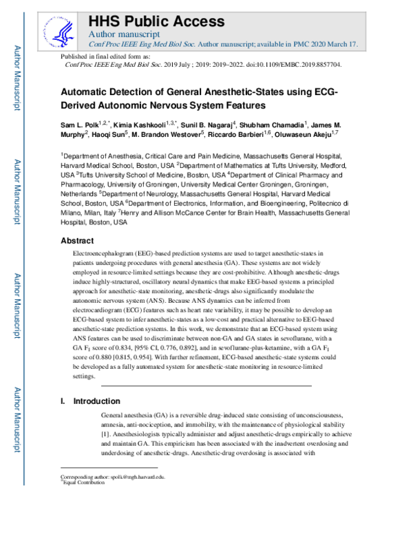 (PDF) Automatic Detection of General Anesthetic-States using ECG ... (PDF) Automatic Detection of General Anesthetic-States using ECG ...