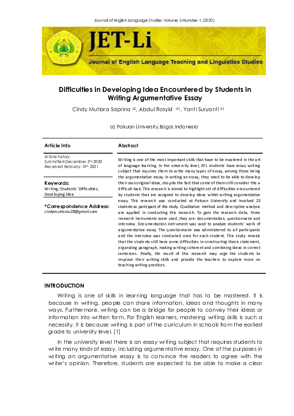 (PDF) Difficulties in Developing Idea Encountered by Students in ...