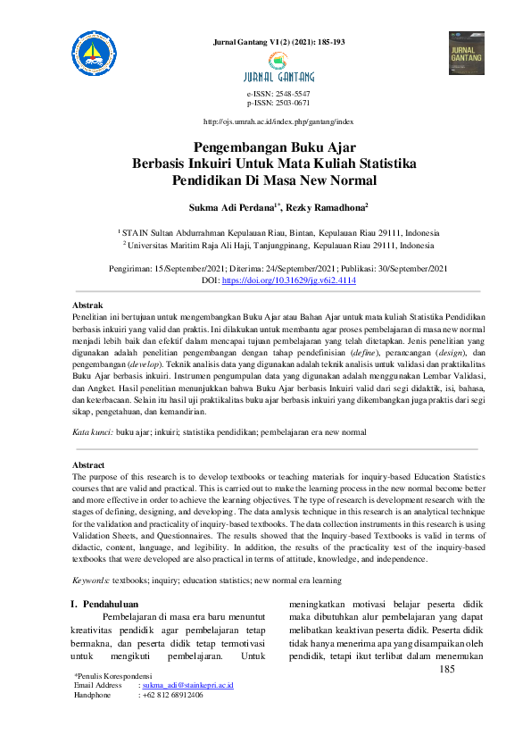 (PDF) Pengembangan Buku Ajar Berbasis Inkuiri Untuk Mata Kuliah Statistika Pendidikan Di Masa ...