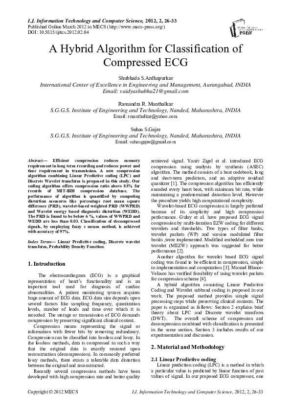 (PDF) A Hybrid Algorithm for Classification of Compressed ECG