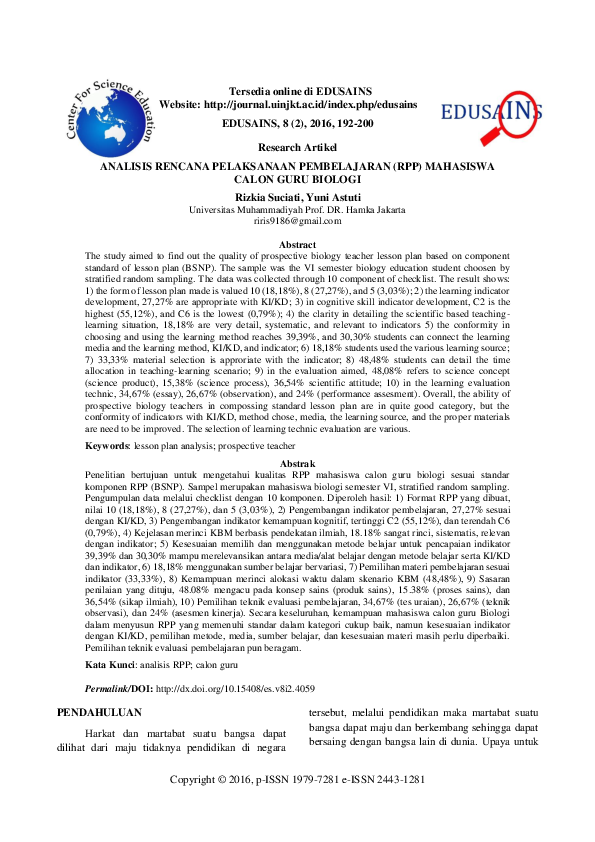 (PDF) Analisis Rencana Pelaksanaan Pembelajaran (RPP) Mahasiswa Calon Guru Biologi | Yuni Astuti ...