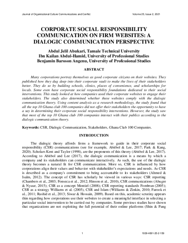 (PDF) Corporate Social Responsibility Communication on Firm Websites: A ...