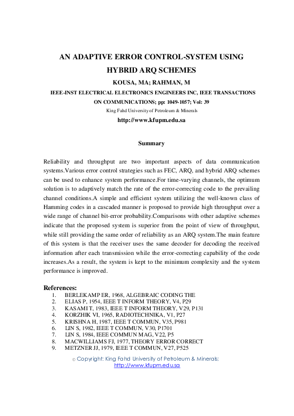 (PDF) An adaptive error control system using hybrid ARQ schemes