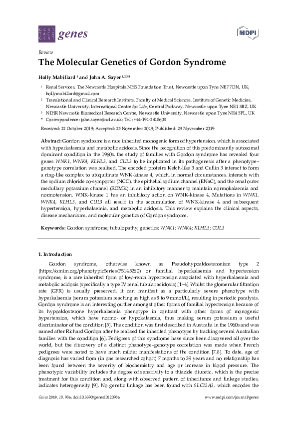 (PDF) The Molecular Genetics of Gordon Syndrome